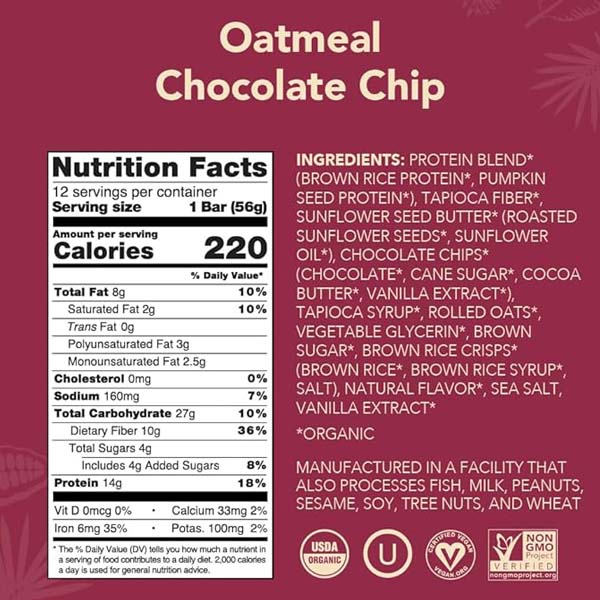 Aloha Plant Based Protein Bar - Oatmeal Chocolate Chip - 12 Count ...